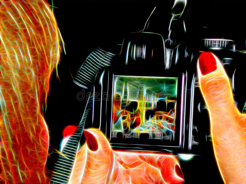 Image of Female Hands with a Camera in Neon Light Stock Illustration ...