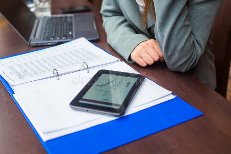Image of Female Hands with Tablet on Business Document Stock Photo ...