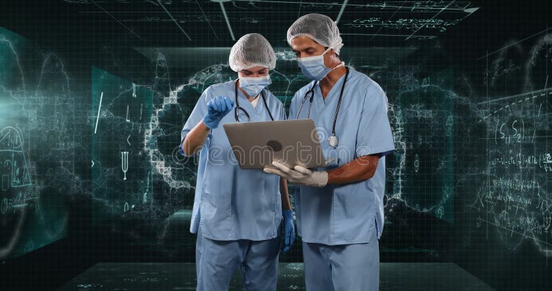 Image of Female and Male Surgeon Using Laptop with Brain and Medical ...