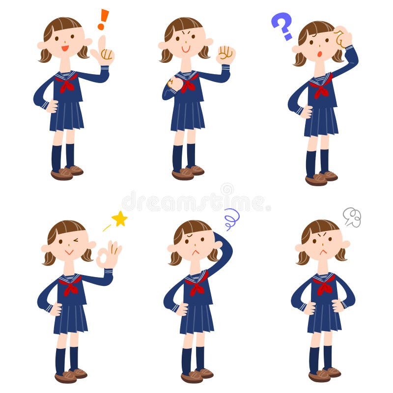 Female Student in School Uniform Poses and Gestures, Whole Body Stock ...