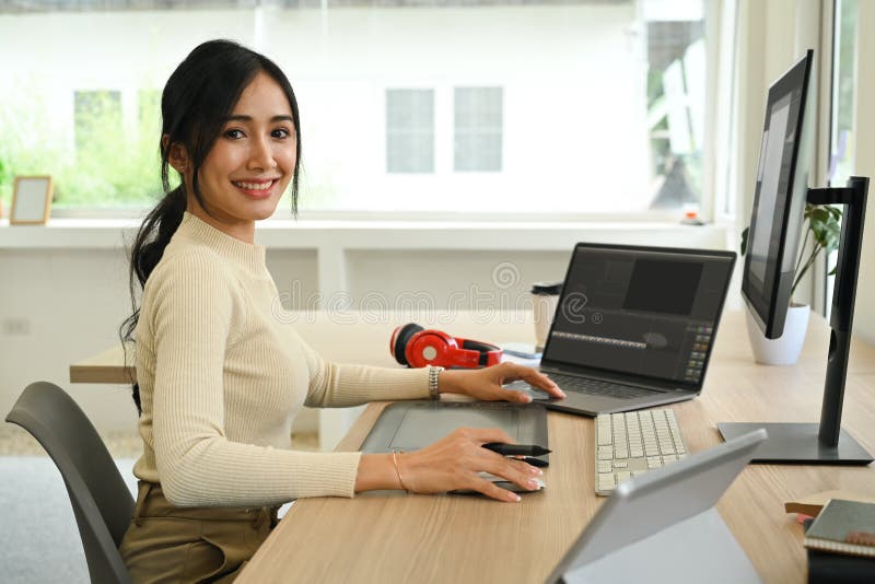 Image of Female Video Editor Working with Footage and Post Production ...