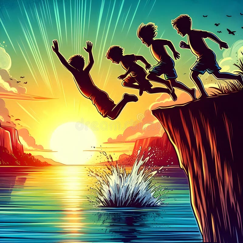 Image of a Few Kids in Silhouette Diving from the Cliff into the Lake ...