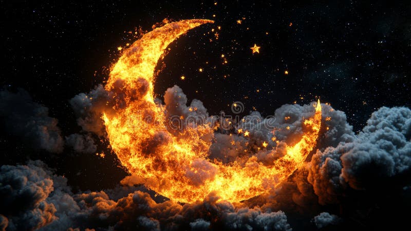 Image of a Fiery Orange Crescent Moon Against a Glowing Starry Sky ...