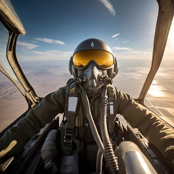 Image of Fighter Pilot Shot from the Front in Flight and the Visor and Mirrors the Image of ...