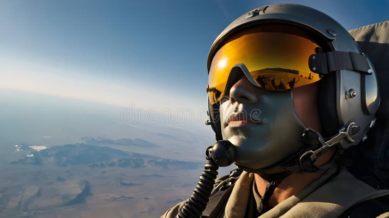 Image of Fighter Pilot Shot from the Front in Flight and the Visor and ...
