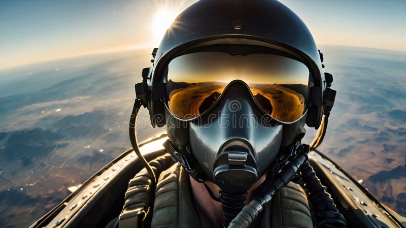 Image of Fighter Pilot Shot from the Front in Flight and the Visor and ...