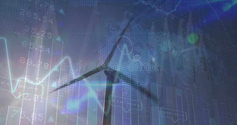 Image of Financial Data and Graph Over Landscape with Wind Turbines ...
