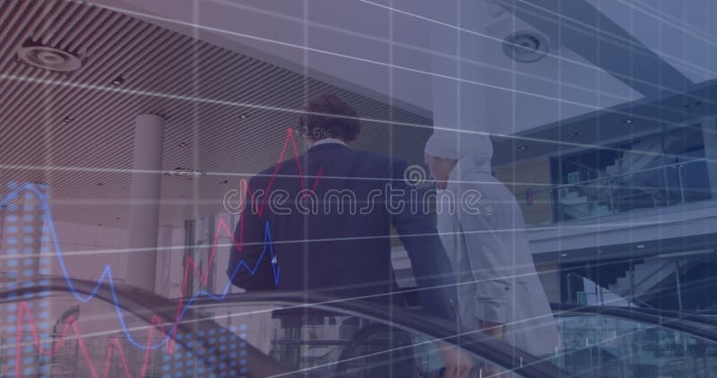 Image of Financial Data and Graphs Over Back View of Diverse ...