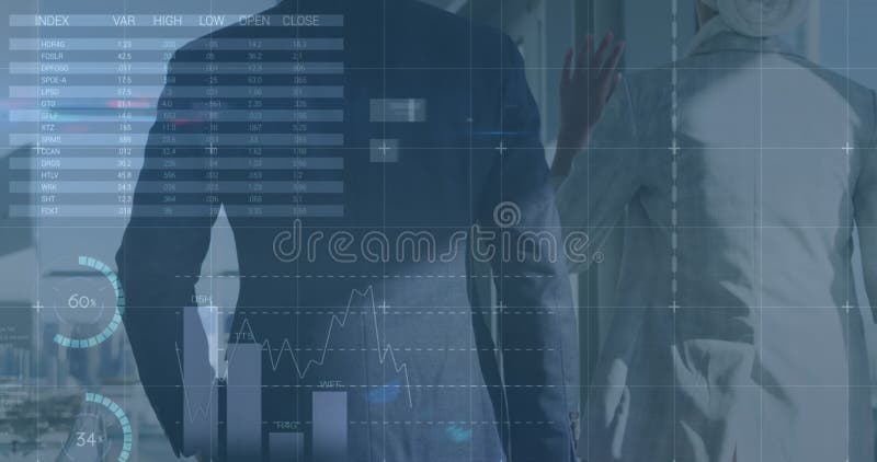 Image of Financial Data and Graphs Over Back View of Diverse ...