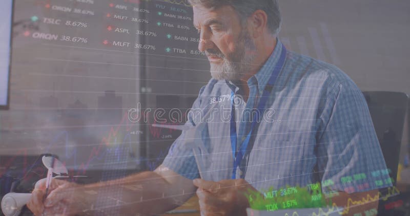 Image of Financial Data Processing Over Caucasian Male Engineer Working ...