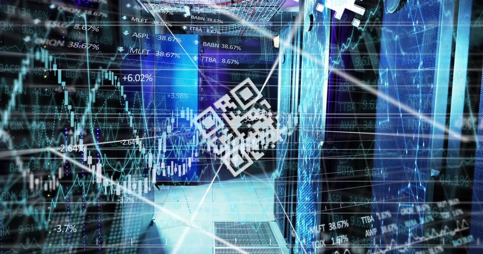 Image of Financial Data Processing Over Server Room and Qr Code Stock ...