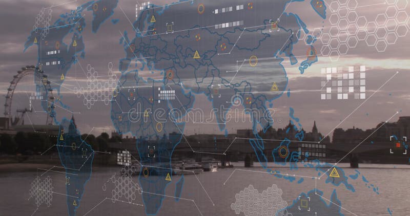 Image of Financial Data Processing Over Wold Map and London Cityscape ...
