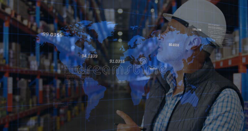 Image of Financial Data Processing and World Map Over Biracial Worker ...