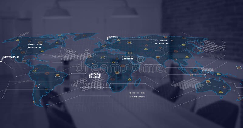 Image of Financial Data Processing and World Map Over Desk in Office ...