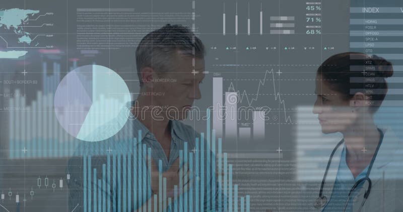 Image of Financial Graphs and Data Over Caucasian Female Doctor Talking ...