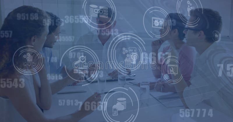 Image of Financial Icons Over Diverse Group of Business People Stock ...