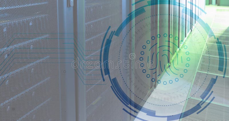 Image of Fingerprint in Loading Circles Over Data Server Racks in ...