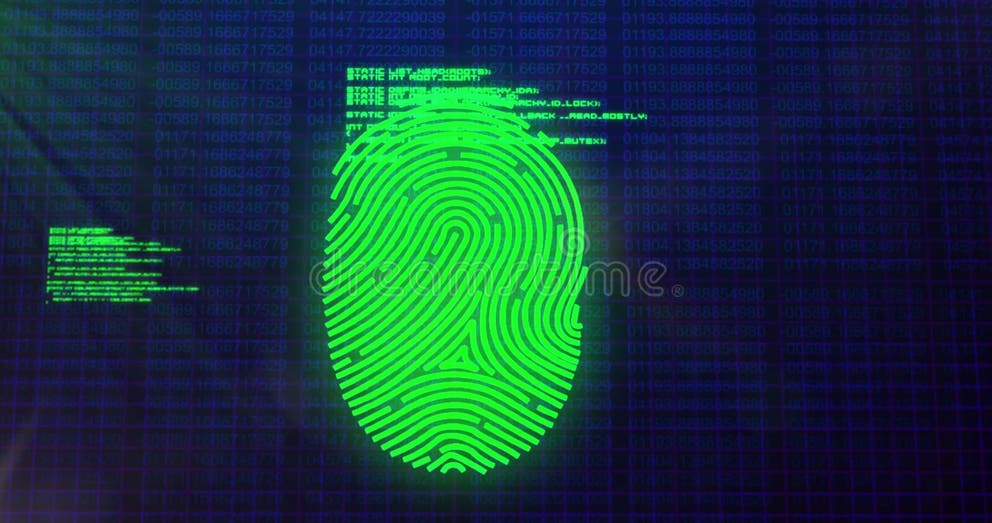 Image of Fingerprint Scanning with Programming Language and Lens Flare Over Blurred Binary Codes ...