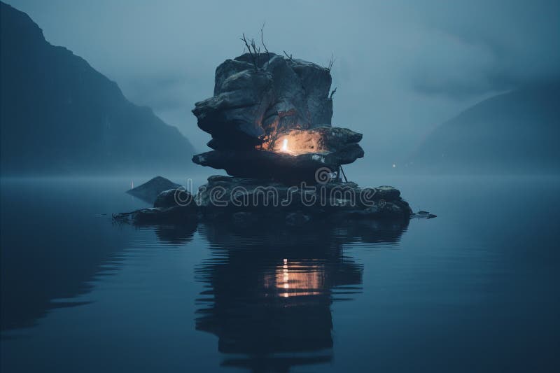 An Image of a Fire on a Rock in the Middle of a Lake Stock Illustration ...
