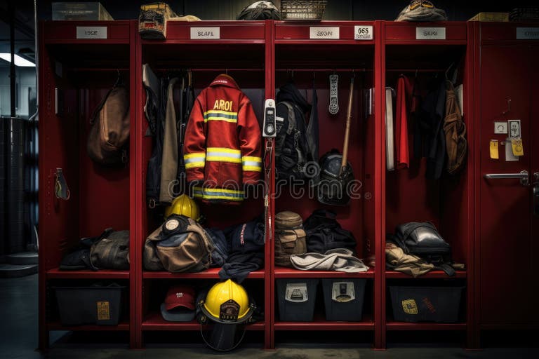 An Image of a Firemans Uniform and Helmet Stored in a Locker, Ready for ...