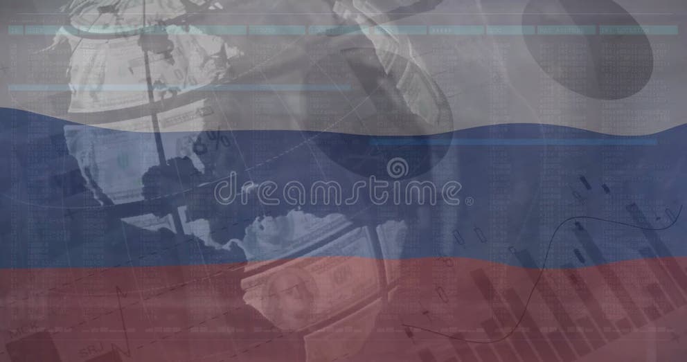 Image of Flag of Russia Over Globe and Charts Processing Data Stock ...