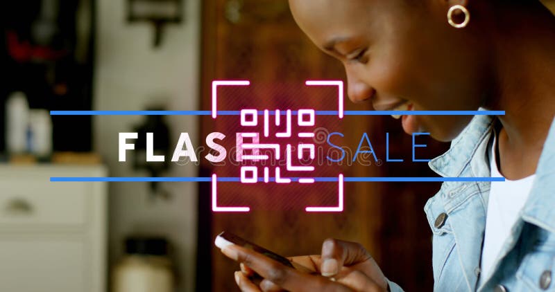 Image of Flash Sale Text and Qr Code Over African American Woman Using ...