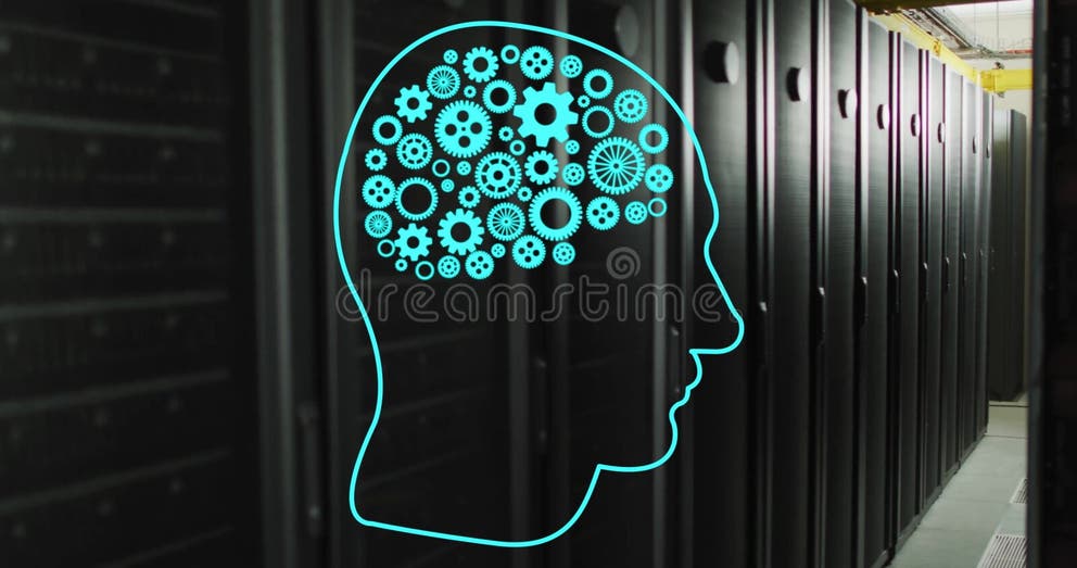 Image of Flashing Blue Head with Ai Cog Brain Over Server Room Stock ...