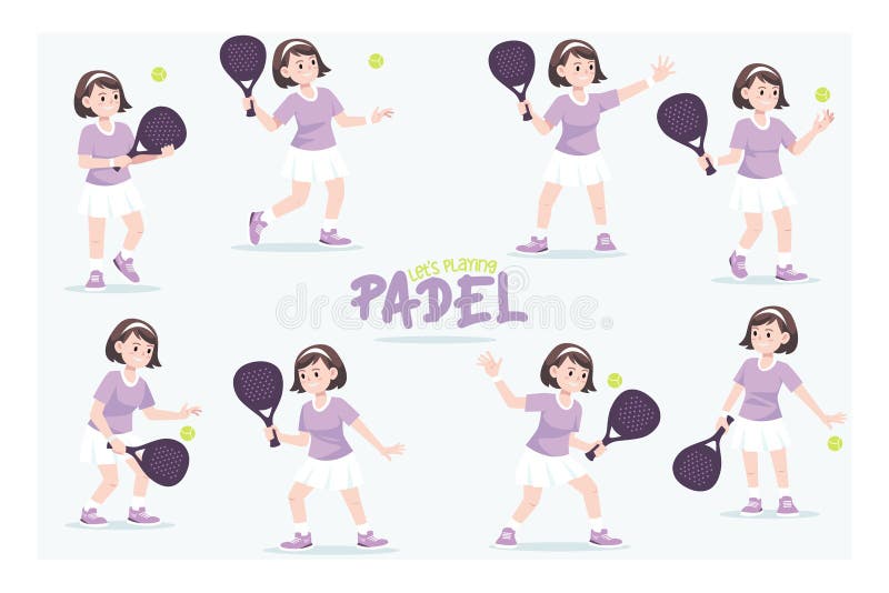 Illustration Showing a Woman in Various Poses Playing Padel, Holding a ...