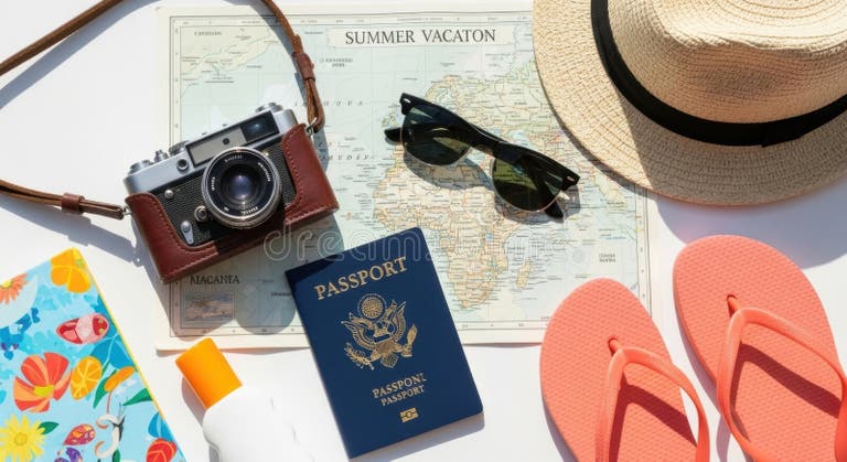 Summer Vacation Essentials Flat Lay Concept Stock Illustration - Illustration of travel, rests ...