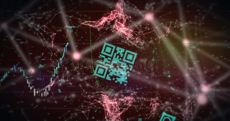 Image of Flickering Qr Code Over Network of Connections and Neon Lights ...
