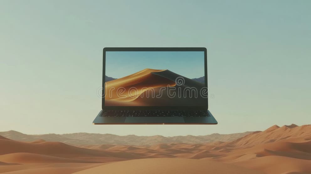 An Image of a Floating Laptop with Dunes on the Screen and a Minimal ...