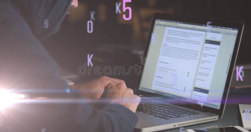 Image of Floating Numbers and Letters Over Caucasian Man Using Laptop ...