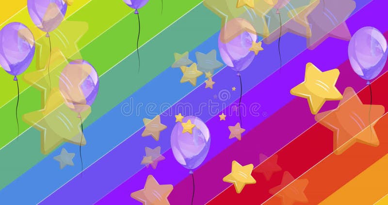 Image of Floating Stars and Balloons Over Pride Text on Rainbow ...