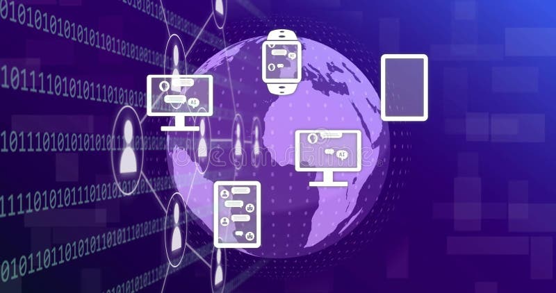 Image of Flowchart, Application Icons, Binary Codes and Rotating Globe Over Abstract Background ...