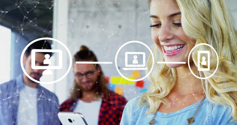 Image of Flowchart and Connected Icons Over Beautiful Caucasian Woman ...