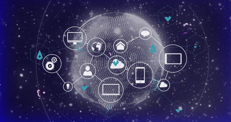Image of Flowchart of Icons Over Connected Dots Around Globe Against ...