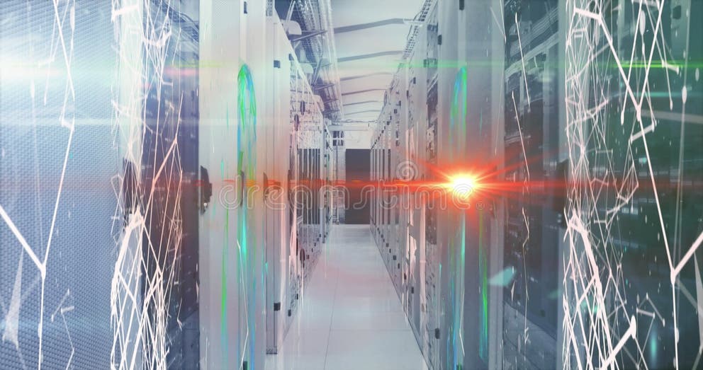 Image of Flying Lens Flare, Globe and Geometric Shapes Over Server Room ...