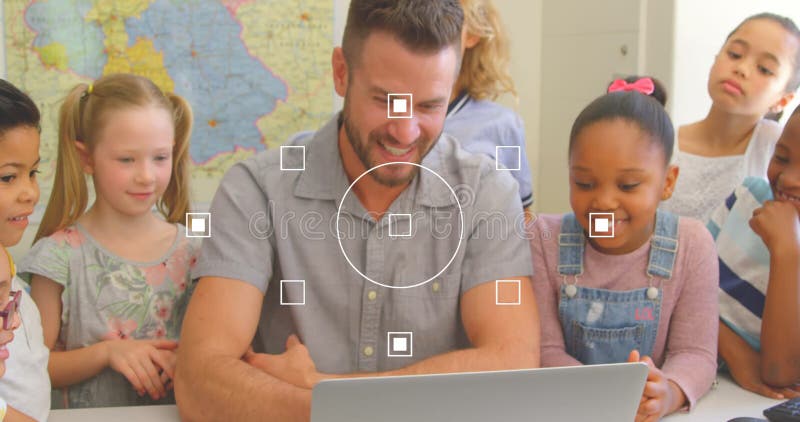 Image of Focus Over Diverse Pupils and Male Teacher Learning at School ...