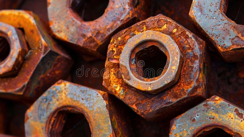 The Image Focuses on a Series of Rusty Wheel Nuts Each One Unique with ...