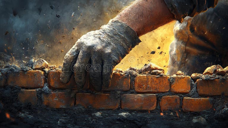 Worker Building the Border Wall with WALL Bricks for Border Control ...