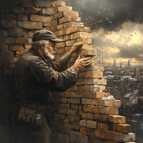 Worker Building the Border Wall with WALL Bricks for Border Control ...