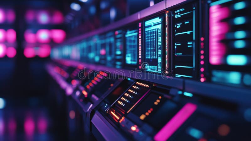 An Image Focusing on a of Control Modules with Blinking Lights and ...