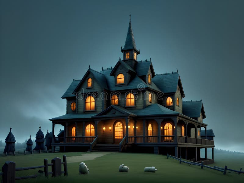 Image of a Folk-horror Haunted House on the Hill. Stock Illustration ...