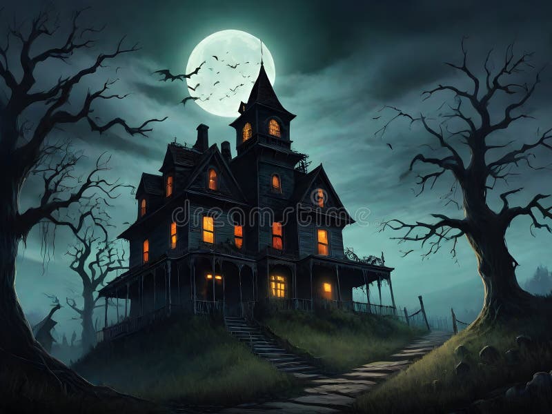 Image of a Folk-horror Haunted House on the Hill. Stock Illustration ...