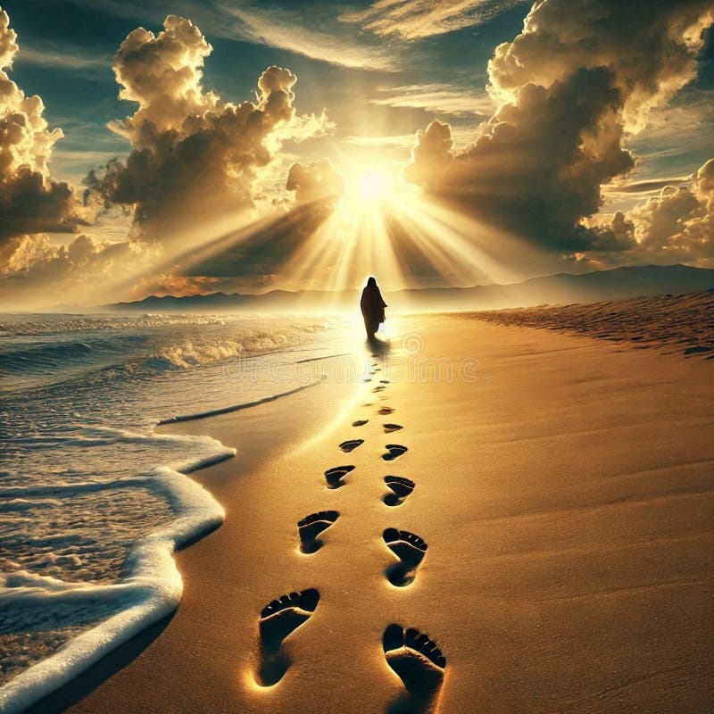 Image of Footprints of the Lord Walking Towards the Light. Stock ...