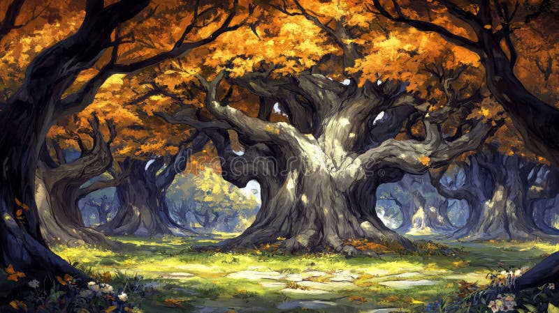 An Image of a Forest Painting Featuring Trees and Flowers is Present ...