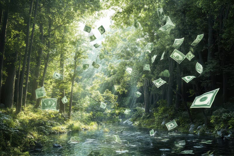 Money Raining Down on a Forest Stream Stock Illustration - Illustration ...