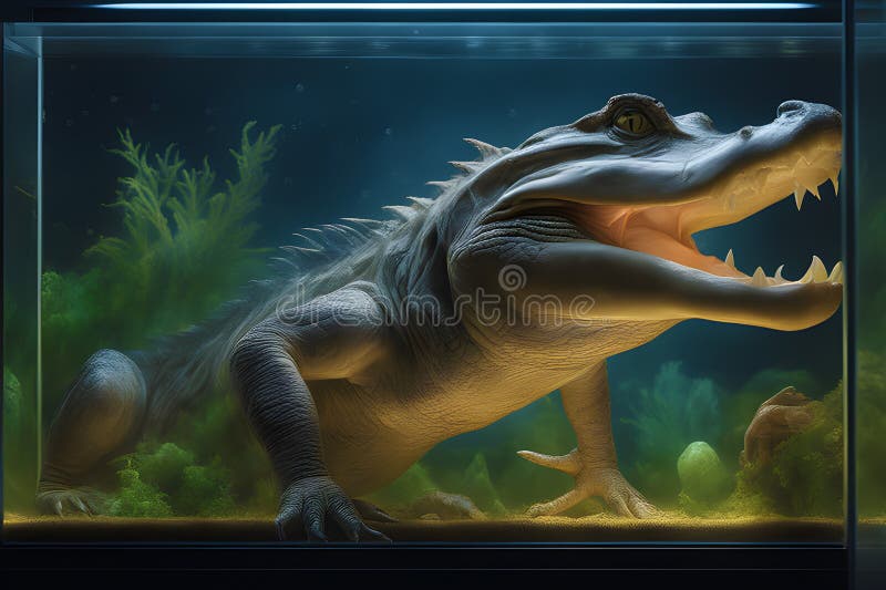 An Image Forms of a Crocodile in a Small, Illuminated Water Aquarium ...