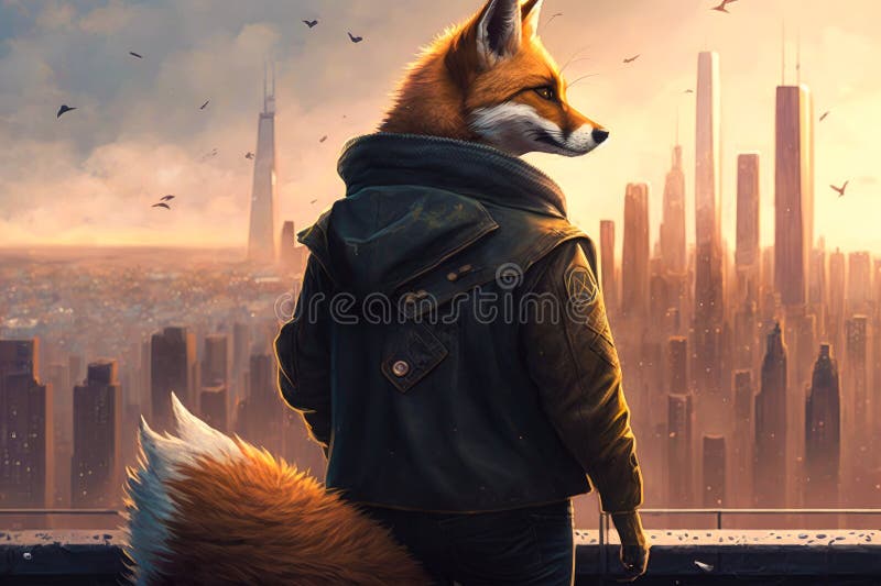 Image of Fox with Man in Leather Jacket in Front of City. Generative AI ...