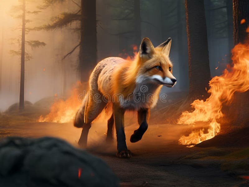 Image of a Fox Running Away from a Burning Forest 5 Stock Illustration ...